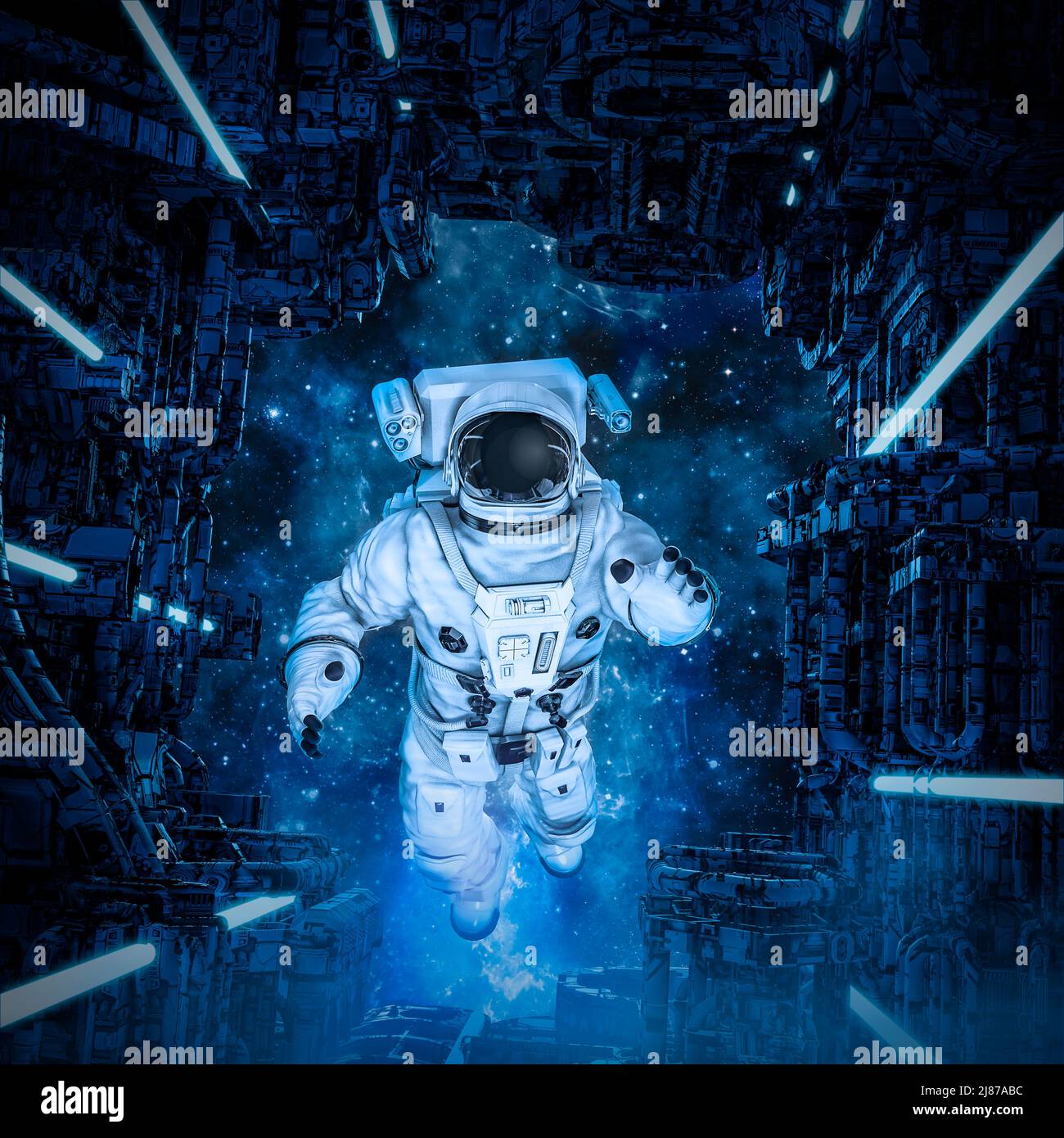 Astronaut in airlock - 3D illustration of science fiction space suited ...