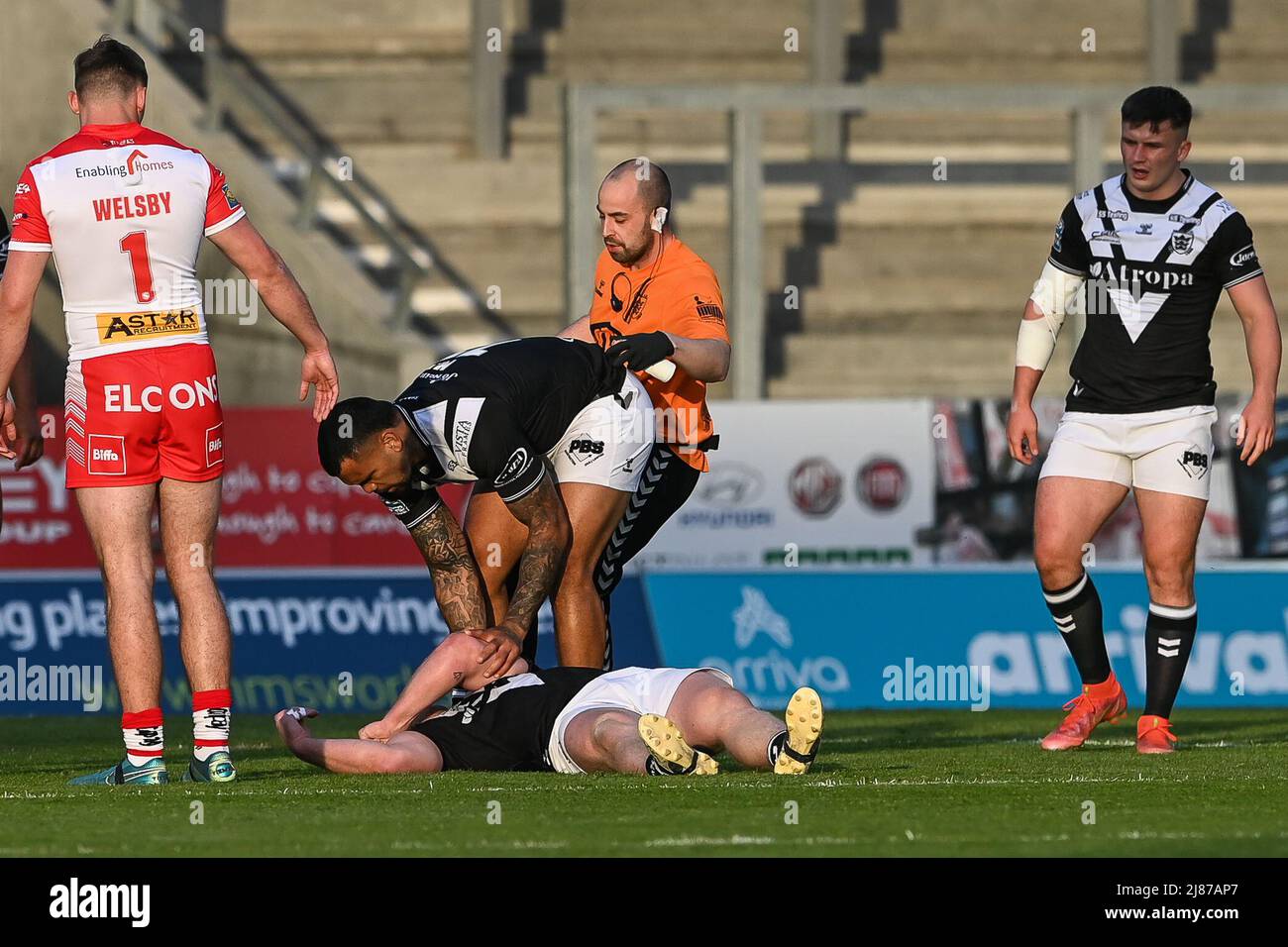 Brad Fash (17) of Hull FC on the ground injured after a tackle on Matty ... Brad Fash (17) of Hull FC on the ground injured after a tackle on Matty ...