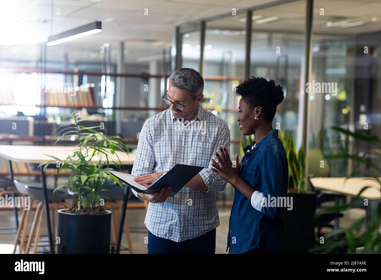 Caucasian businessman analyzing file while discussing with african ...