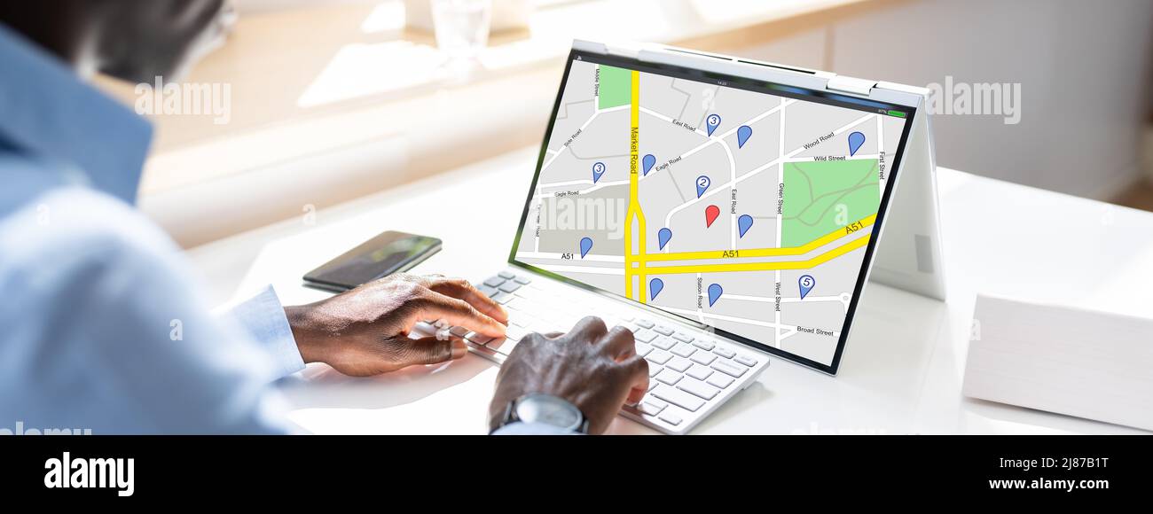 Close-up Of A Man`s Hand Using GPS Navigation Map On Digital Laptop ...