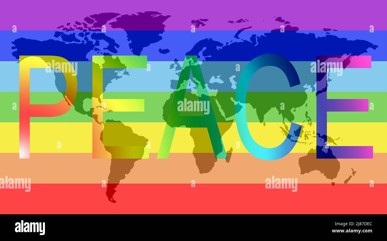 multicolored text PEACE and the world map on the background with ...