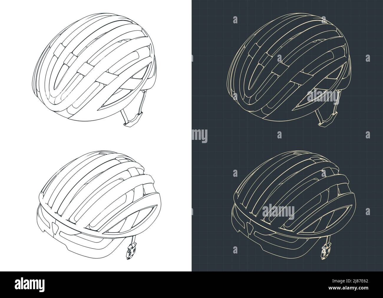 Stylized vector illustration of isometric blueprints of bike helmet ...