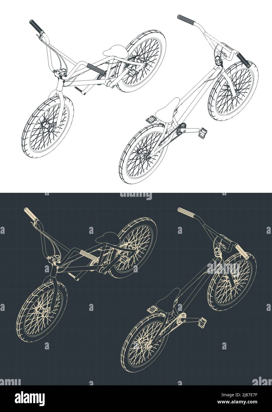 Stylized vector illustration of isometric blueprints of BMX bicycle ...