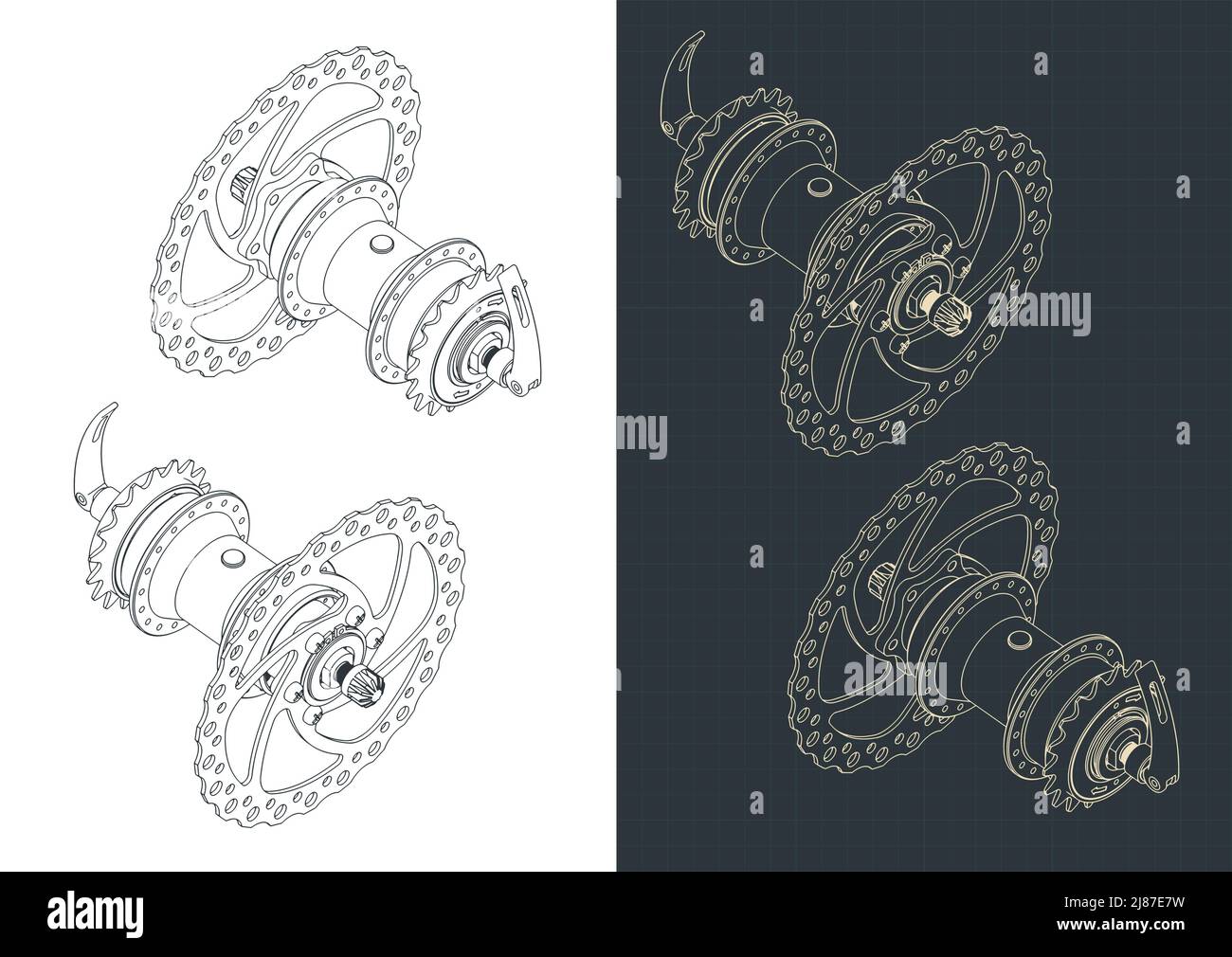 Stylized vector illustration of isometric blueprints of bicycle rear ...