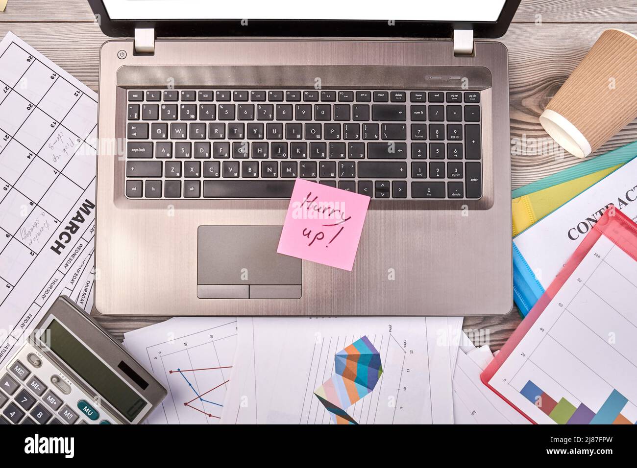 Office work desk with laptop and calculator. Top view flat lay Stock ...