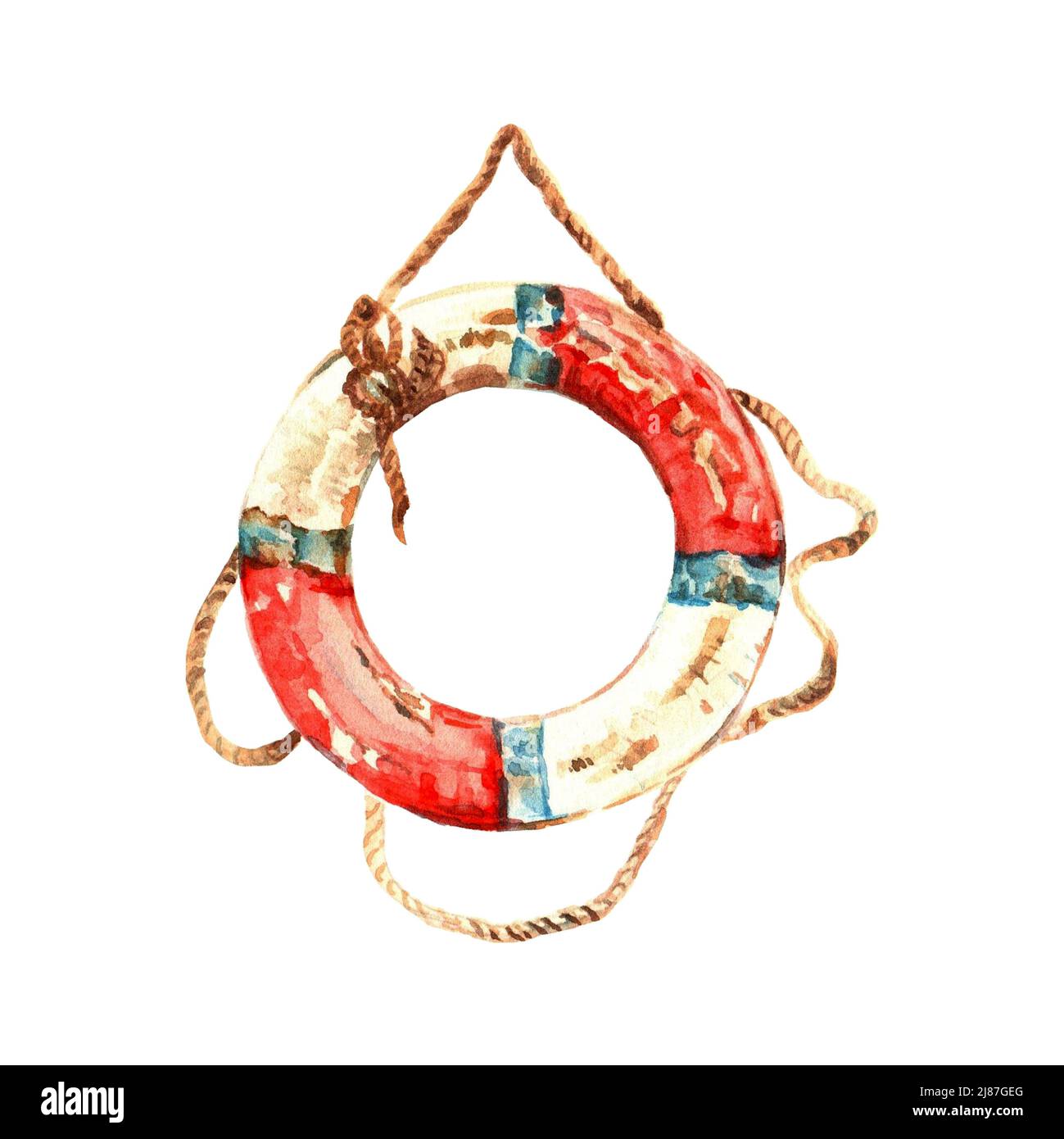 Old red and white lifebuoy with rope. Nautical object isolated on white ...