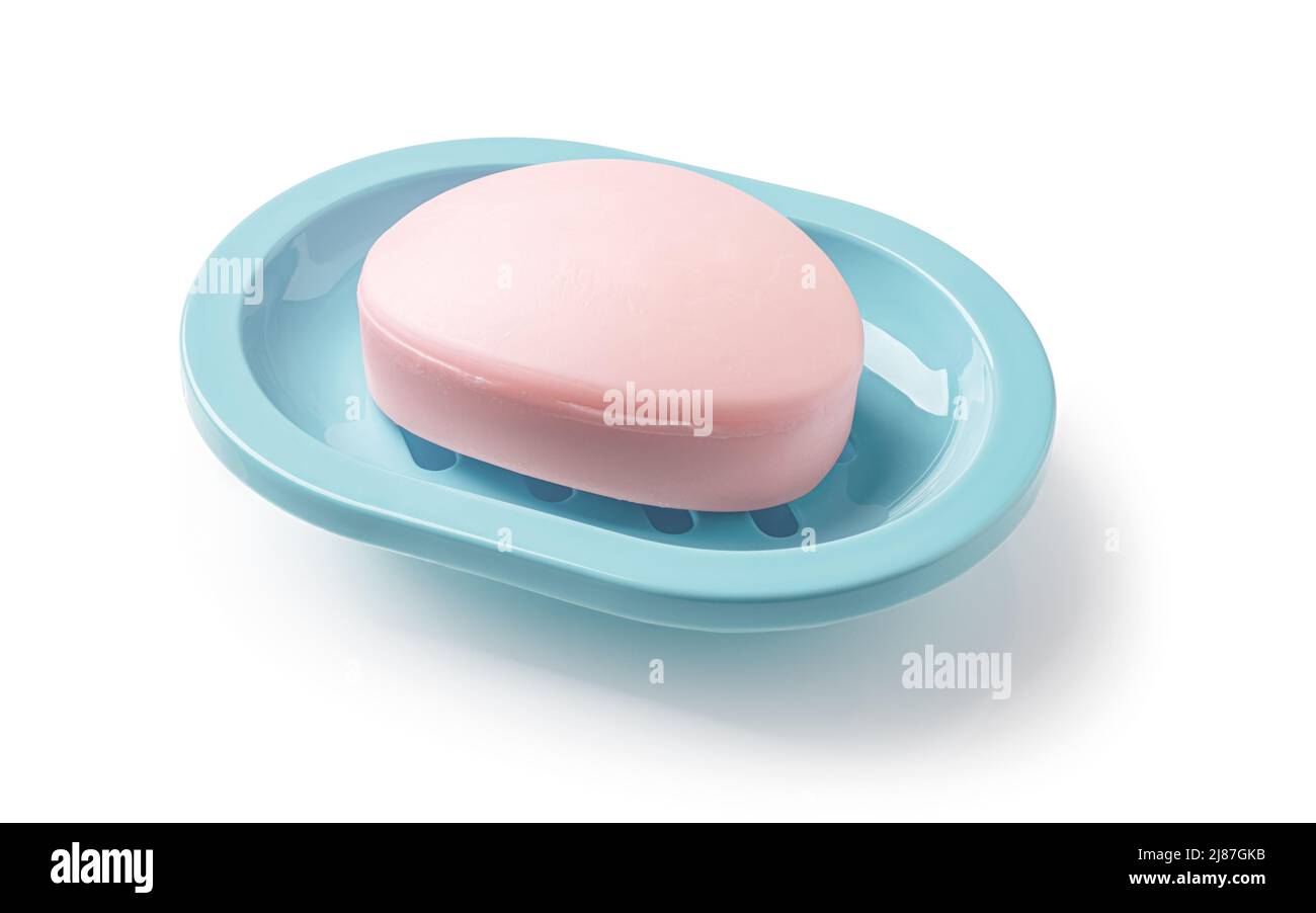 Pink Soap Bar In A Teal Blue Dish Isolated On A White Background Oval