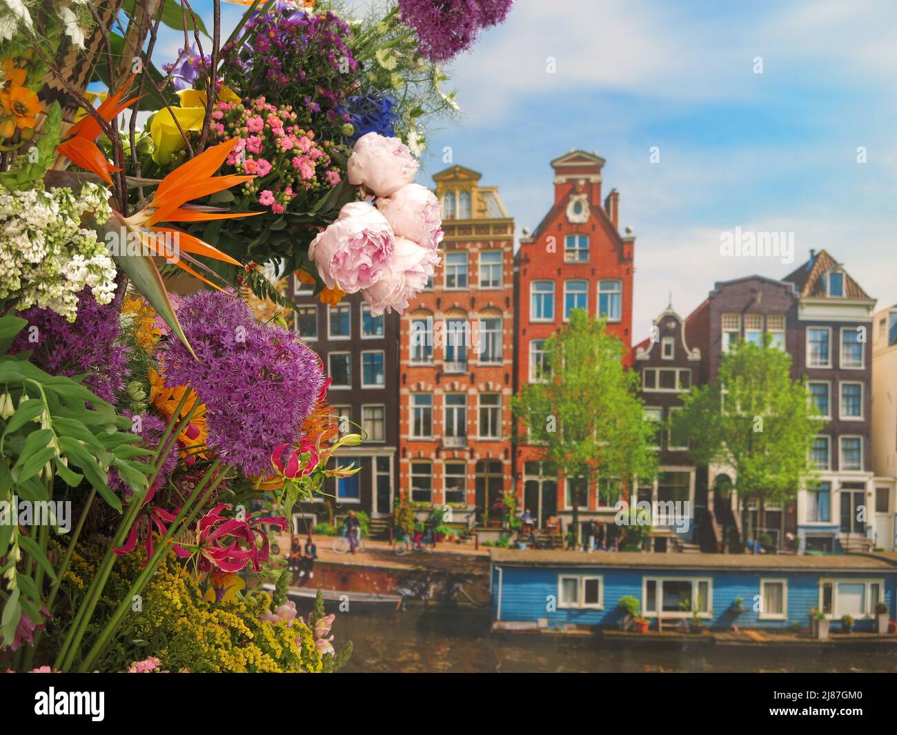 A colourful floral arrangement against a background scene of buildings ...