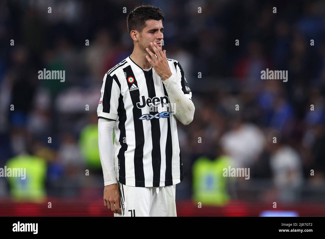 Rome, Italy, 11th May 2022. Alvaro Morata of Juventus wipes tears away ...
