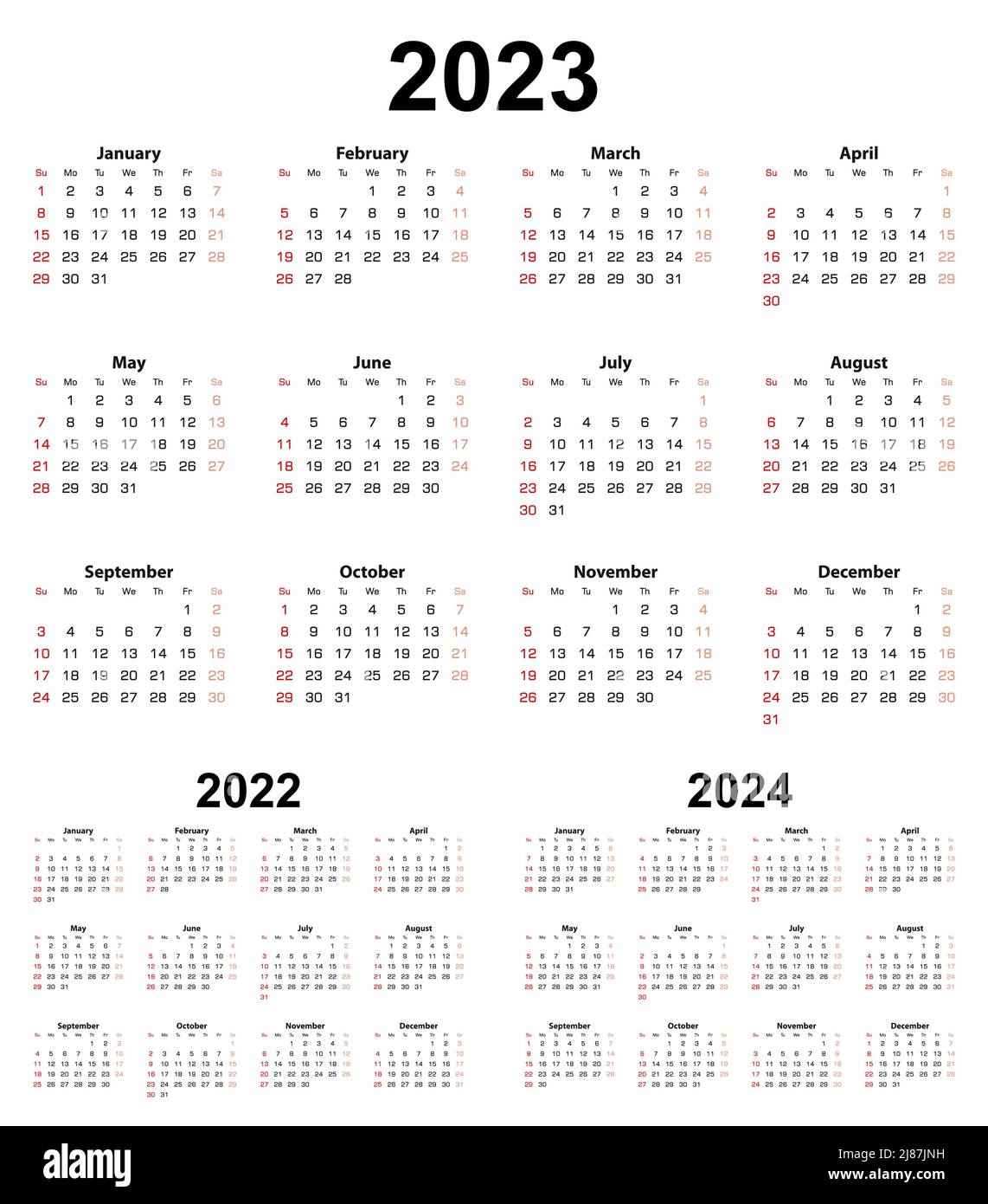 Basic calendar for year 2023 and 2022, 2024. Week starts on Sunday ...