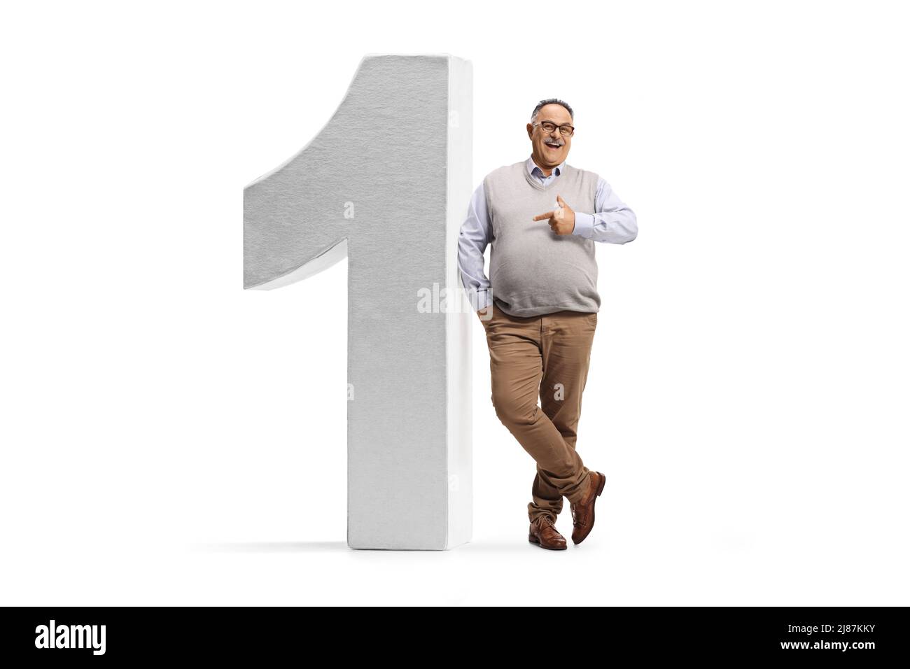 Full length portrait of a cheerful mature man pointing at a big number ...