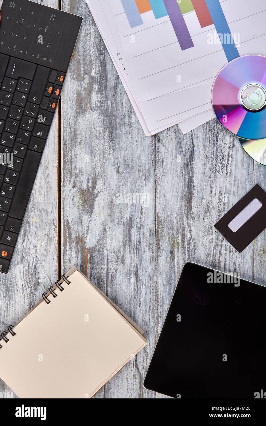 Vertical shot top view office work accessories. Top view flat lay ...