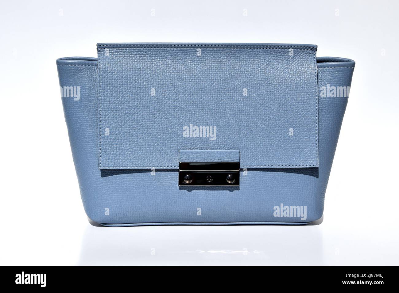 Genuine leather clutch close up in pale blue color. Front view of women ...