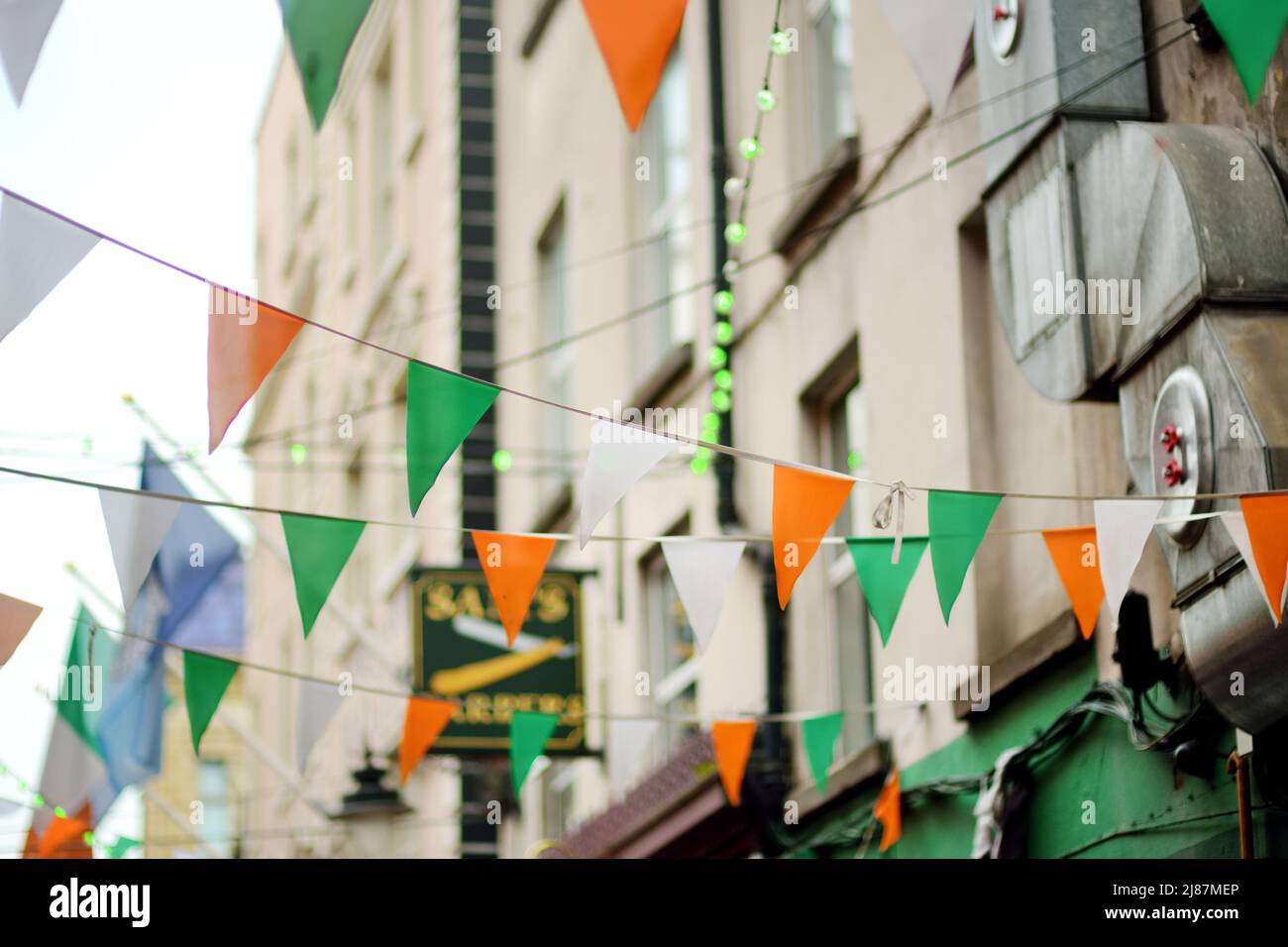 DUBLIN, IRELAND - MAY 2018: Colourful triangular flag garlands in the ...