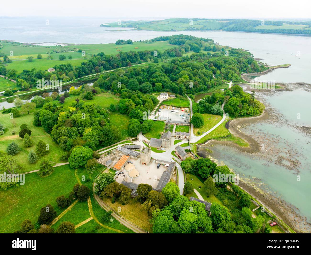 Aerial view of scenic landscape with the tower house and courtyard of ...