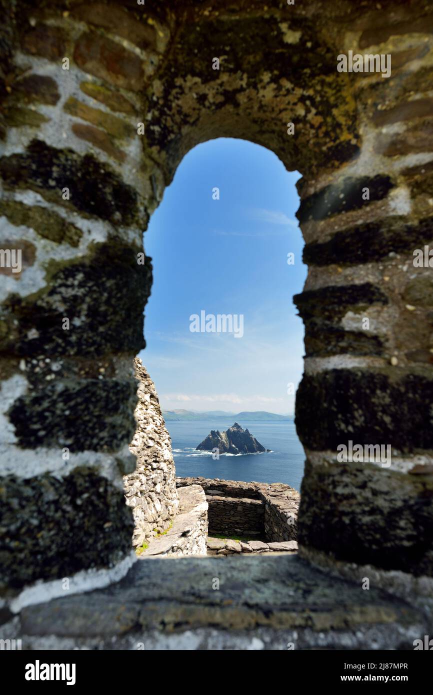 Skellig Michael or Great Skellig, home to the ruined remains of a ...