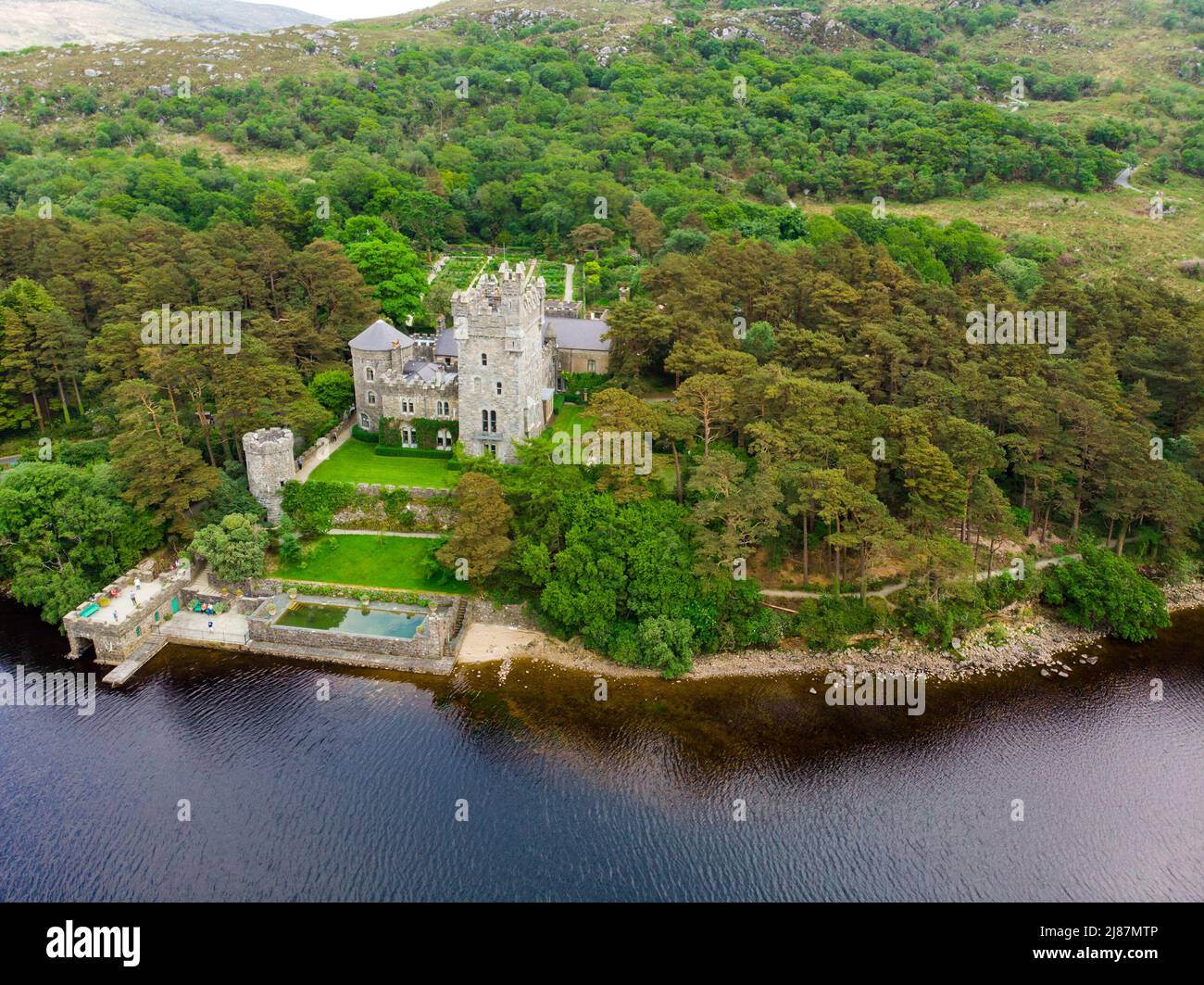 Aerial view of Glenveagh Castle, a large castellated mansion located in ...