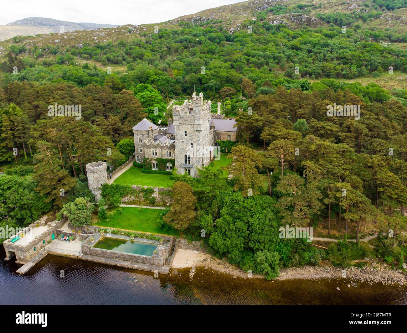 Aerial view of Glenveagh Castle, a large castellated mansion located in ...
