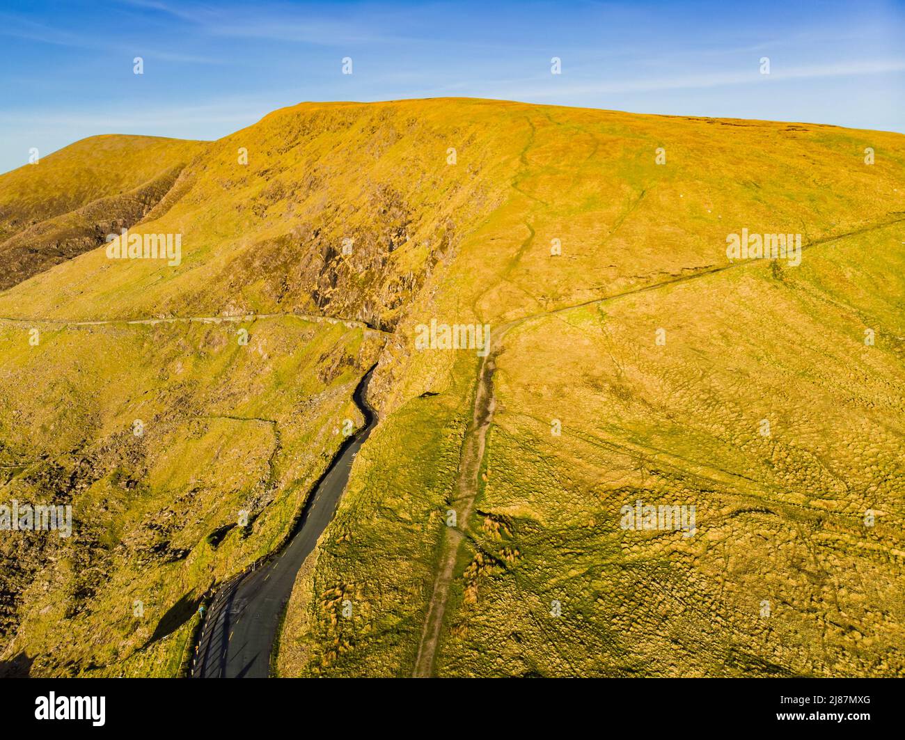 Aerial view of Conor Pass, one of the highest Irish mountain passes ...