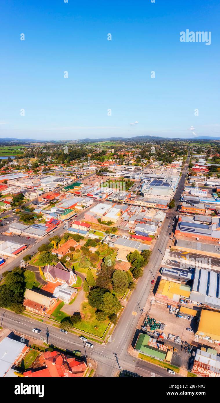 Main shopping street in Bega town of Australian South coast - aerial ...