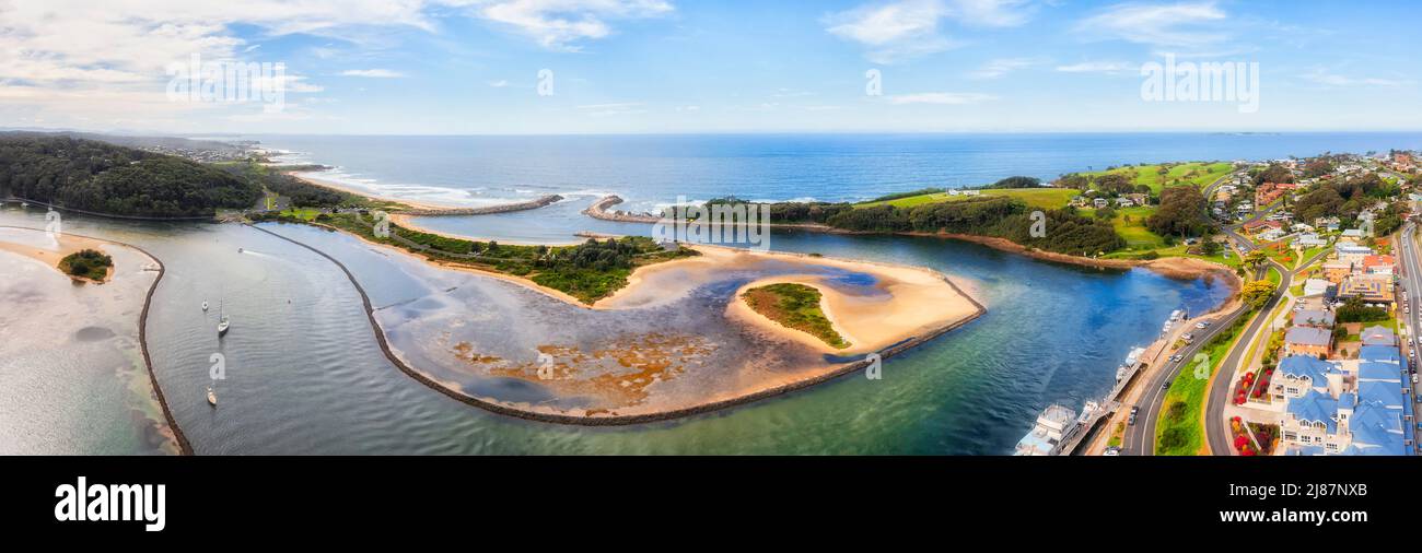 Aerial panorama of South coast town Narooma with Entrance to Pacific ...