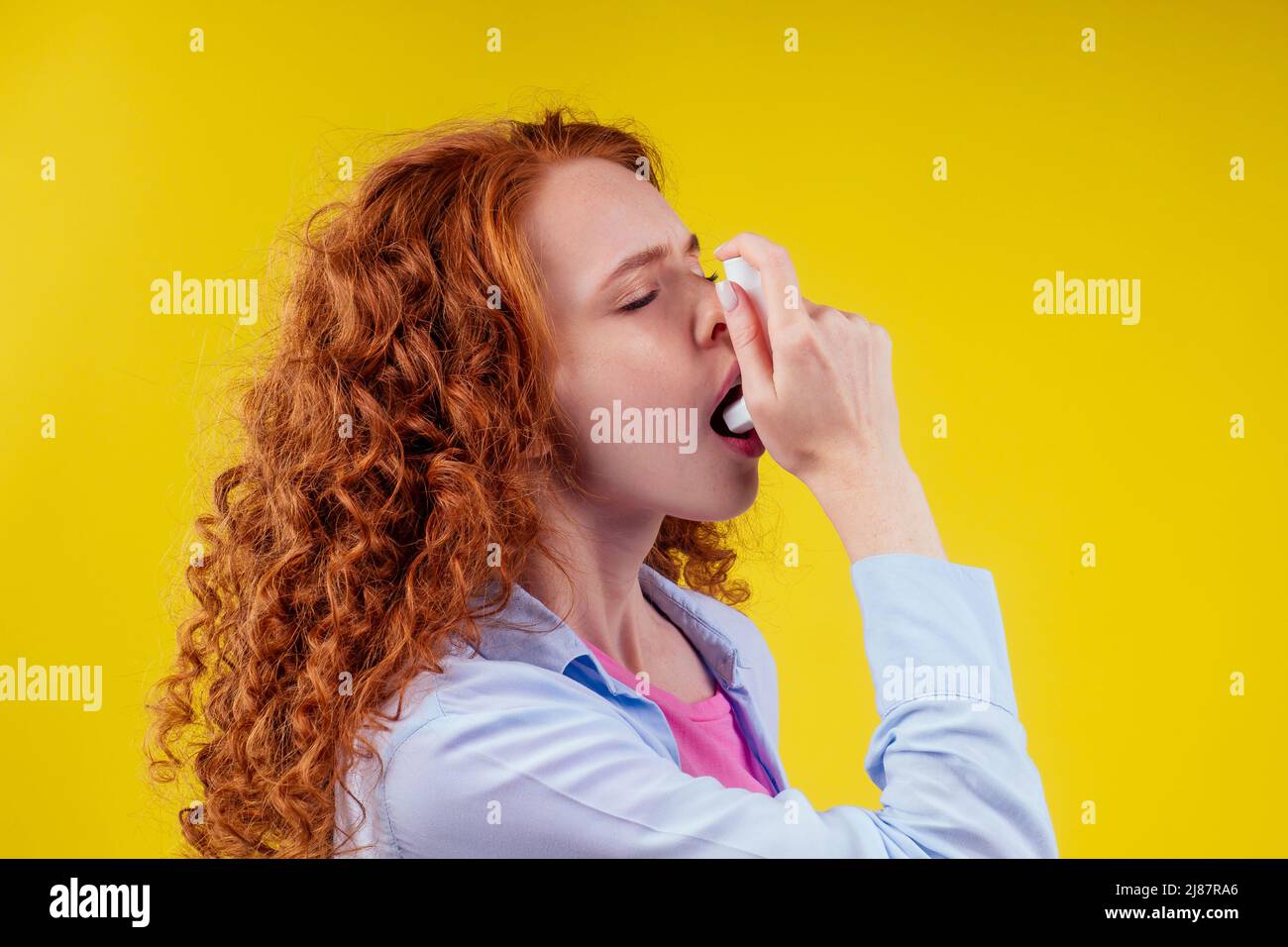 upsad redhead curly ginger tourist student in a blue shirt having ...