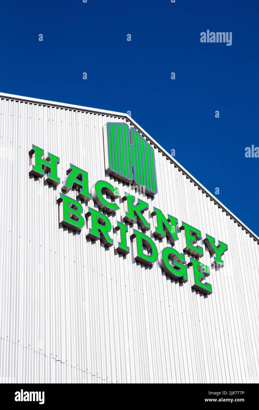 Logo on the Hackney Bridge co-working space, retail complex and street food market, Hackney ...