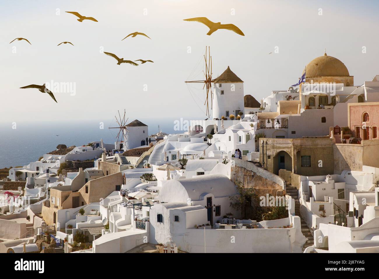 Santorini view. Oia village on sunset. White buildings architecture ...