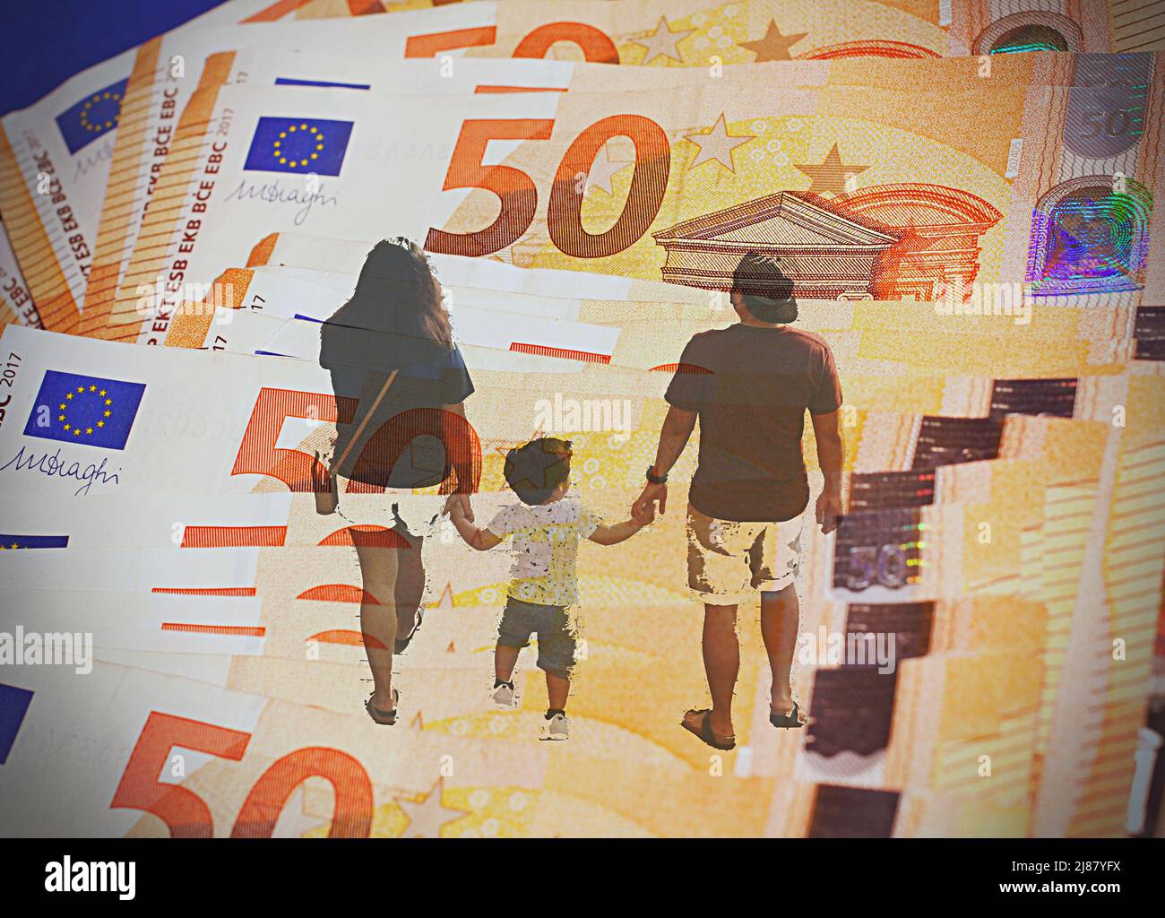 Family with banknotes as background . Concept of financial help Stock ...