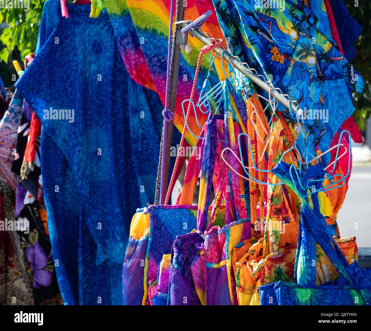 Vibrant colours on a market stall in the town of Marigot, capital of ...