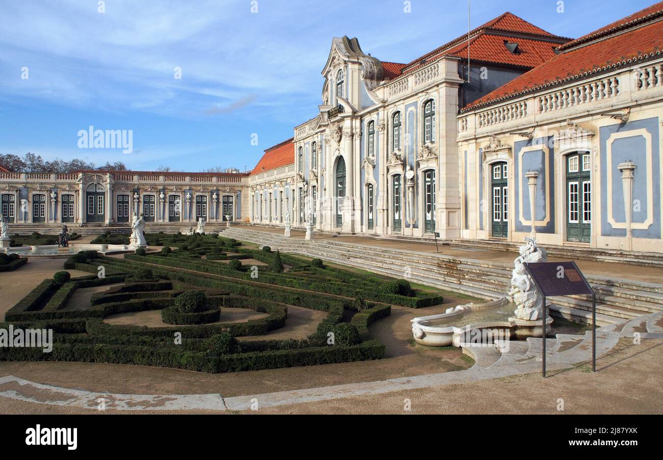 Ballroom wing of the Palace of Queluz, sculptures of the Malta Garden ...
