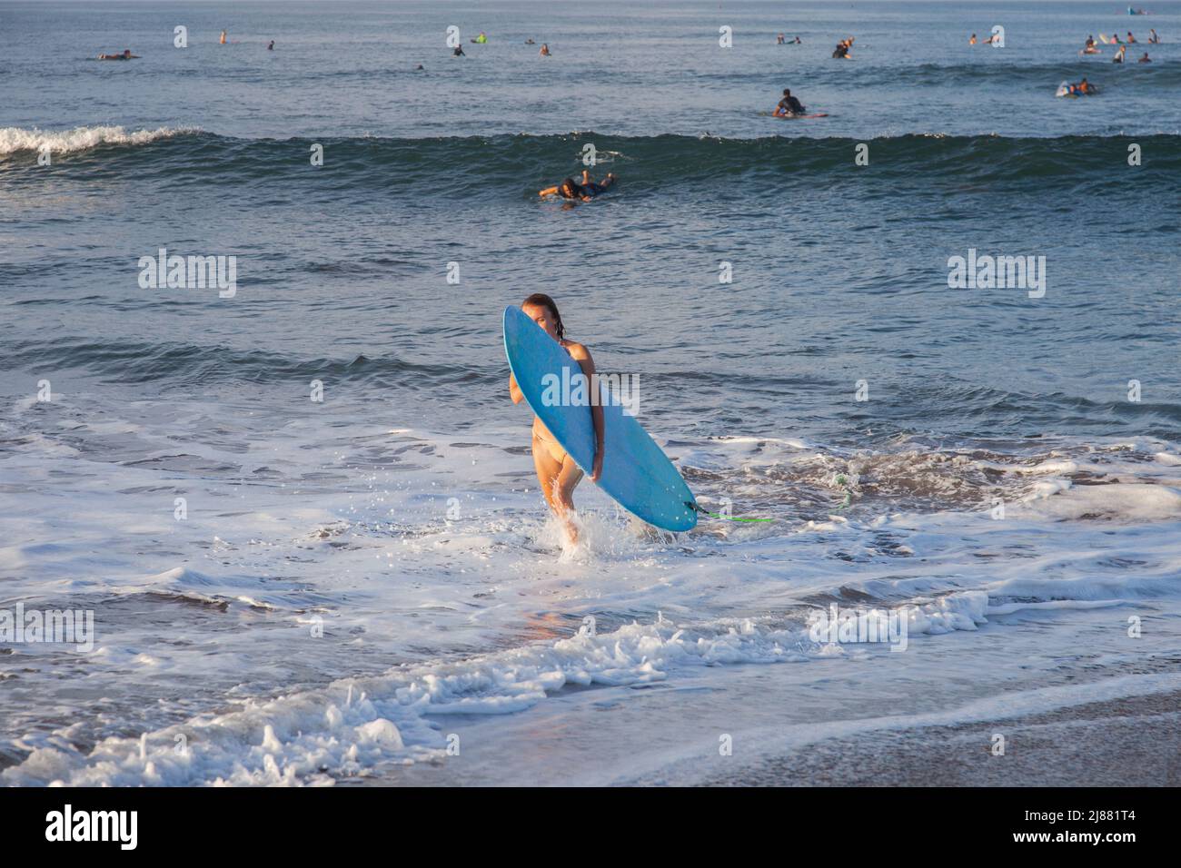A blonde Caucasian woman exiting the ocean carrying a blue long surf ...