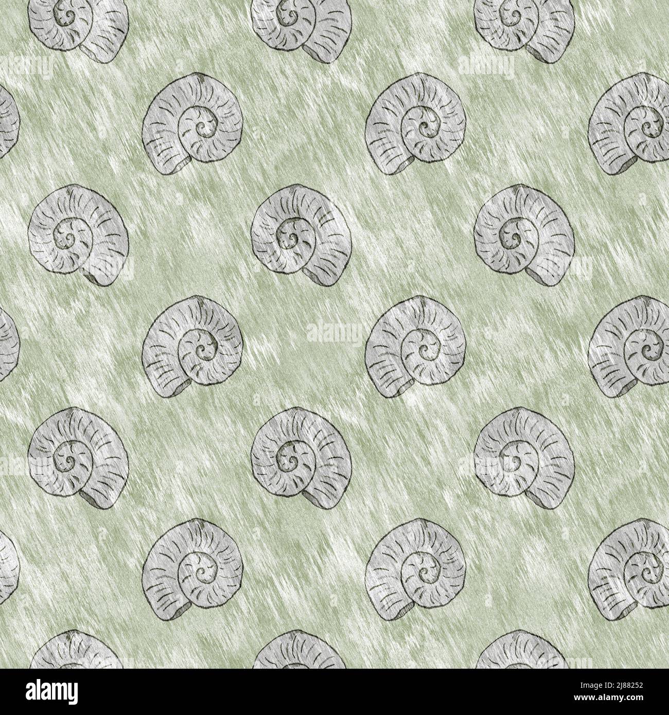 Green hand drawn ammonite fossil seamless pattern. Gender Neutral ...
