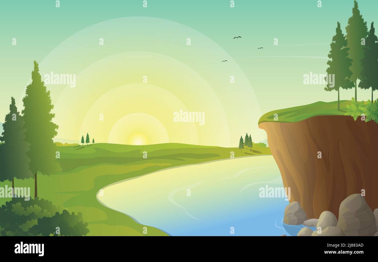 Nature landscape of riverside during sunrise on horizon, green meadow ...