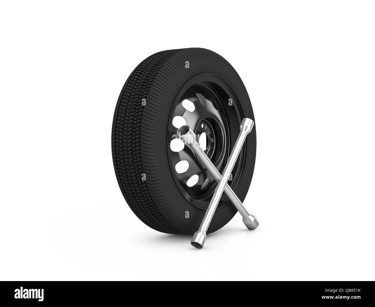 Car wheel and cross wrench on a white background. 3d illustration Stock ...