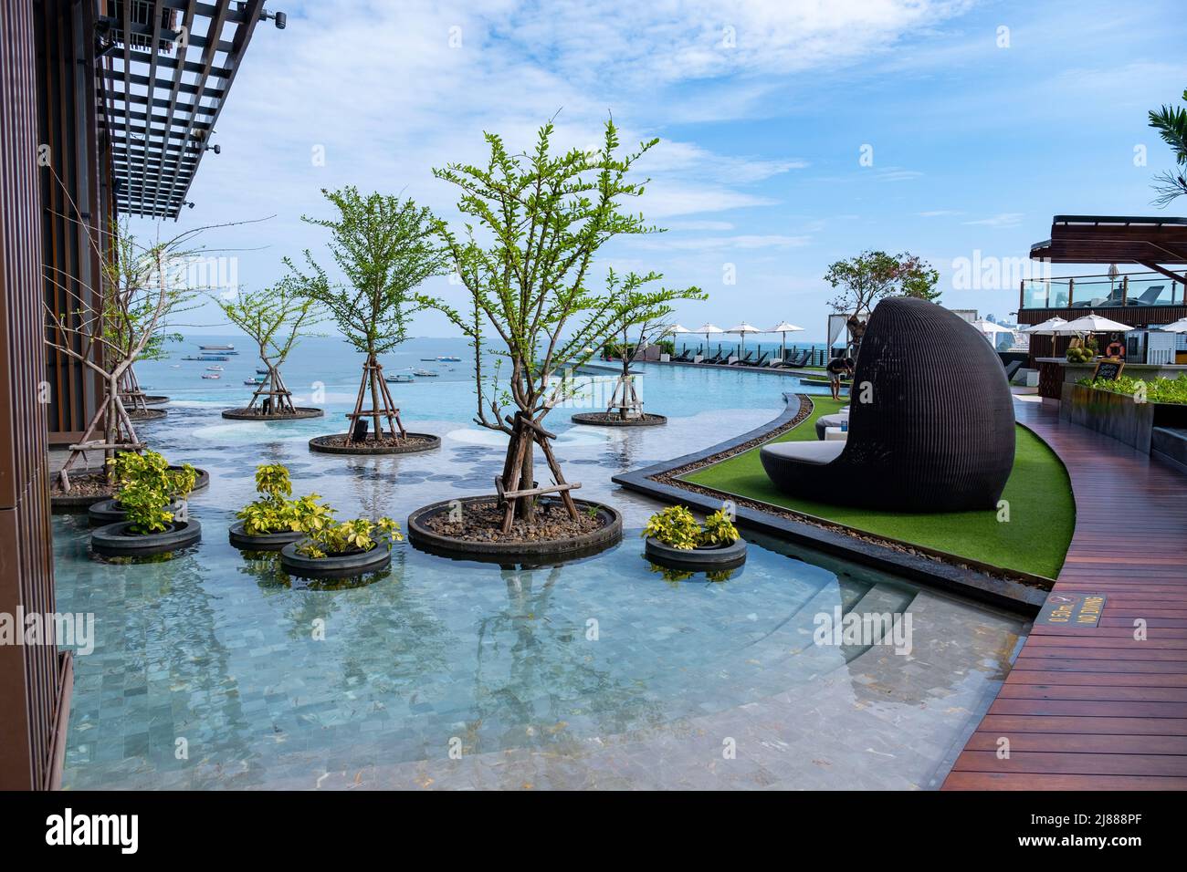 Pattaya Thailand May 2022, modern Hilton hotel at oceanfront beach road ...