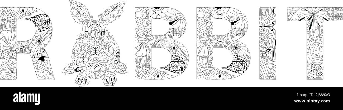 Hand-painted art design. Hand drawn illustration word rabbit for ...