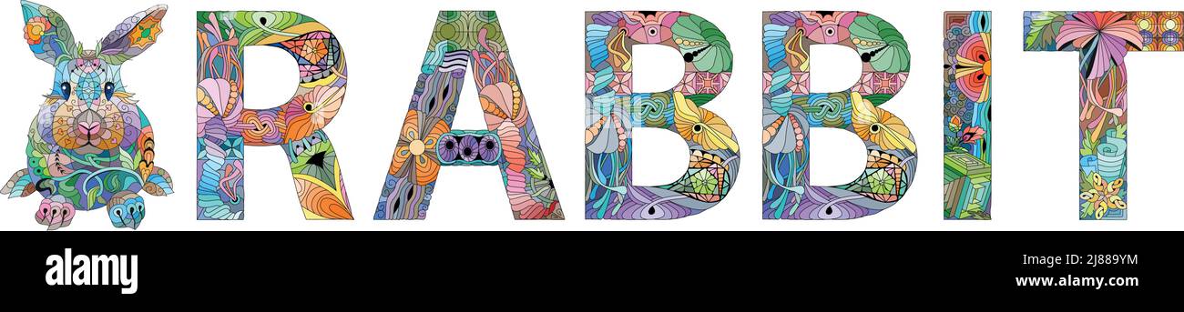 Hand-painted art design. Hand drawn illustration word rabbit for t ...