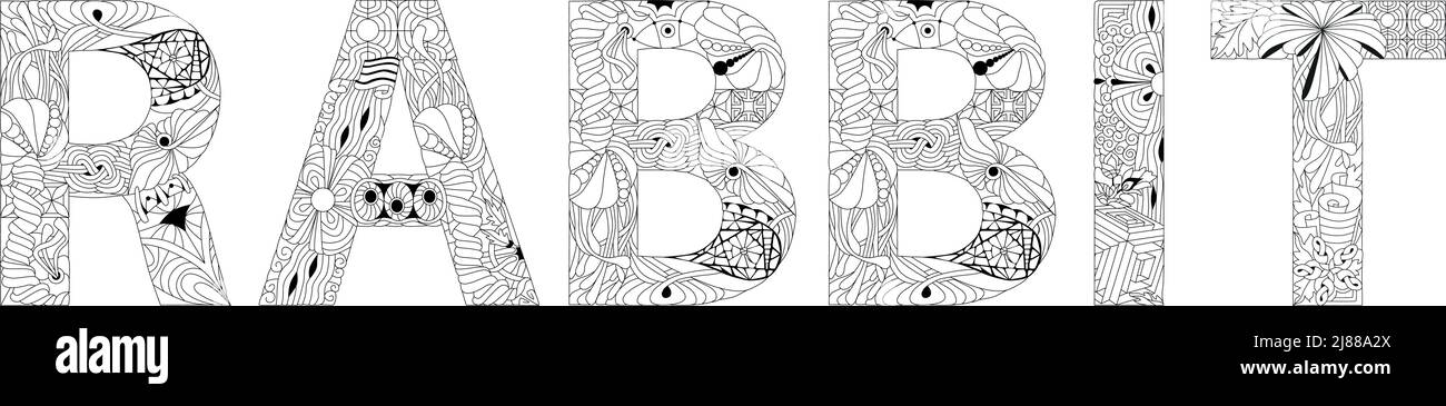 Hand-painted art design. Hand drawn illustration word rabbit for ...