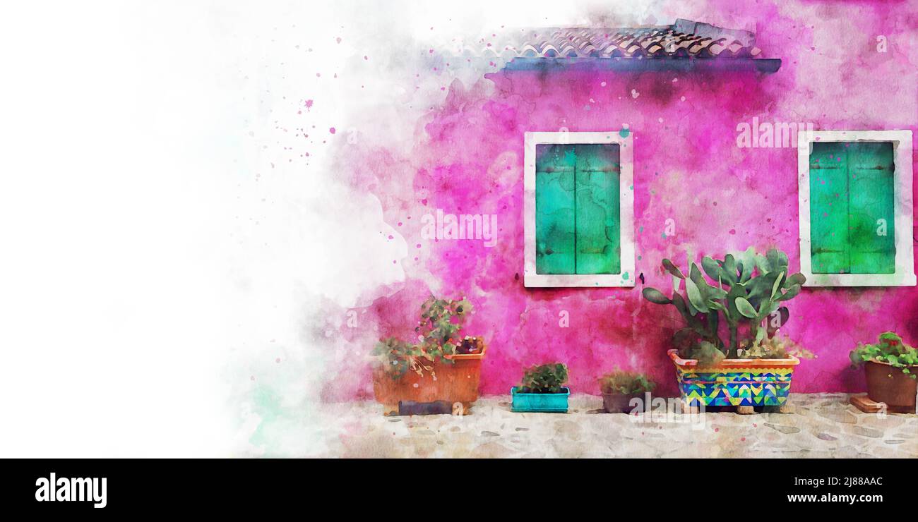 Burano, Venice, Italy, Watercolor drawing. Beautiful art postcard with ...