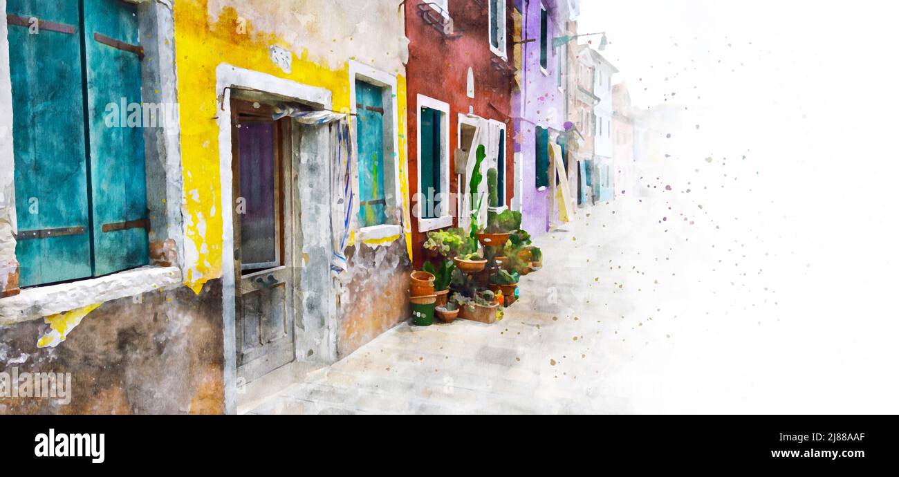 Burano, Venice, Italy, Watercolor drawing. Art postcard with street and ...