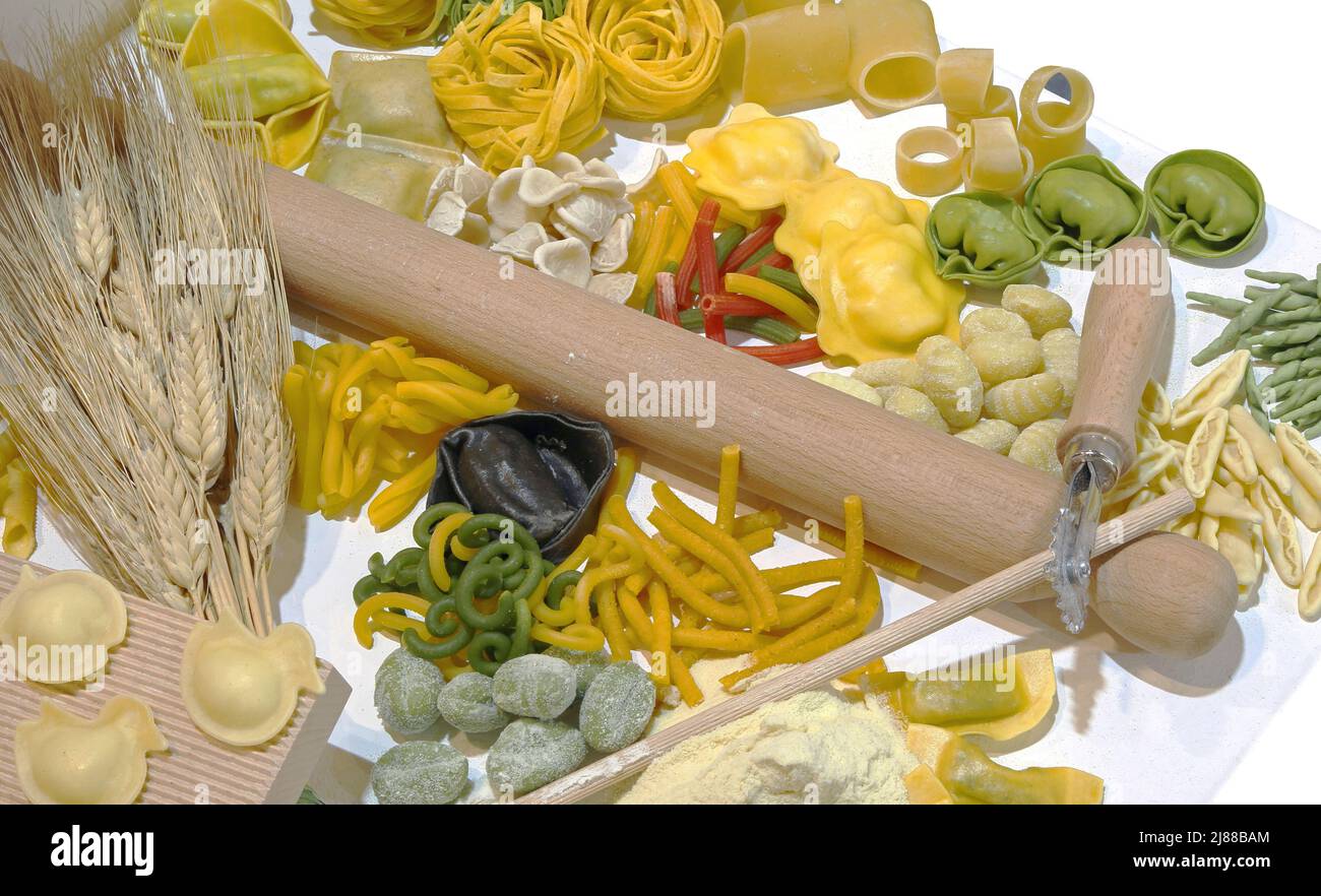 many italian pasta called tortelli and ravioli homemade Stock Photo - Alamy