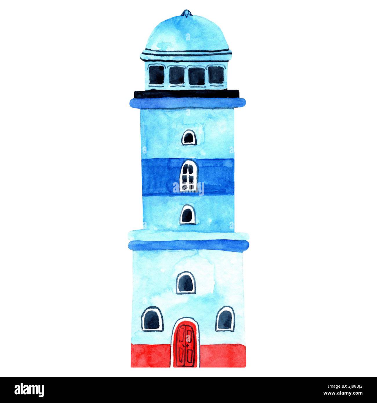 Watercolor hand drawn illustration of blue lighthouse. Tower in cartoon ...