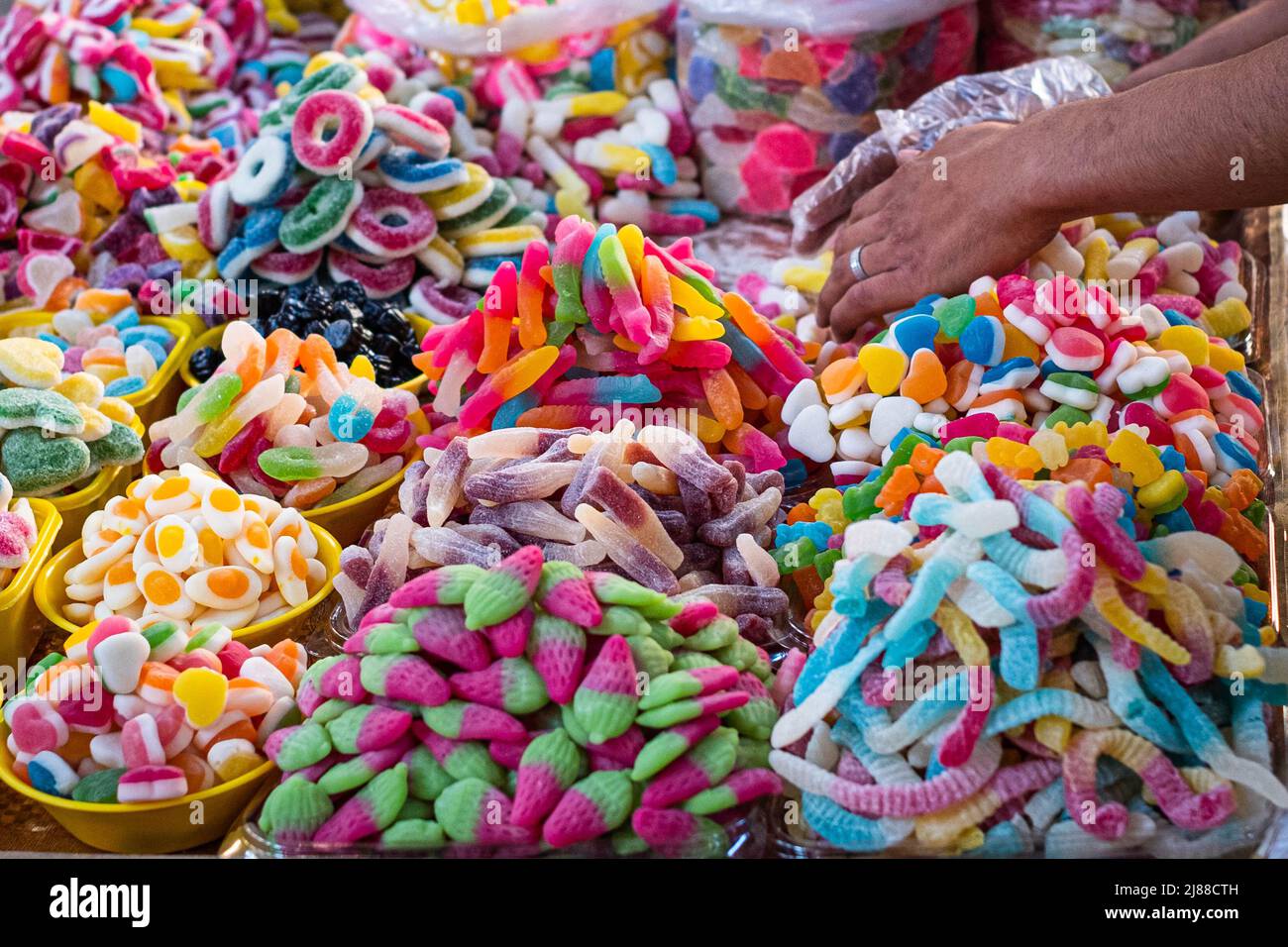 pile of colorful gummy candies, jelly candy shop on market Stock Photo ...