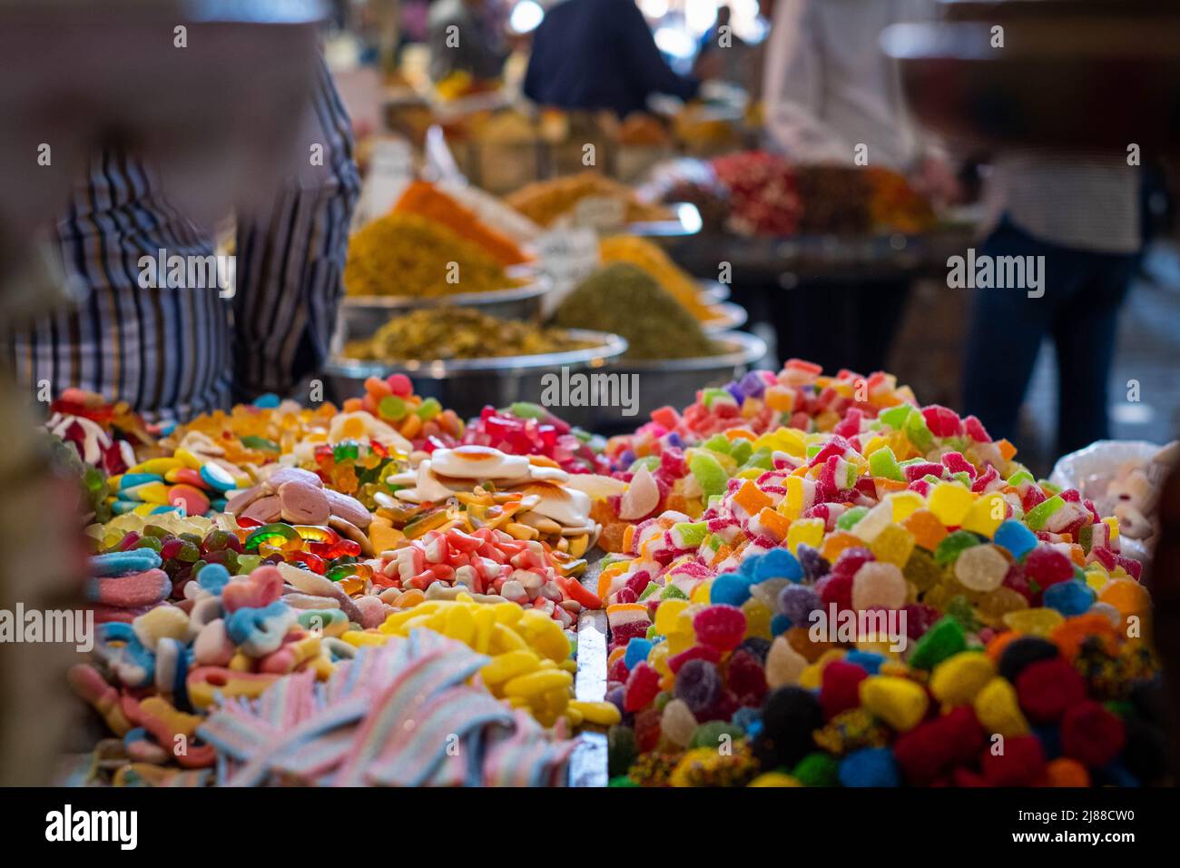 pile of colorful gummy candies, jelly candy shop on street bazaar in ...