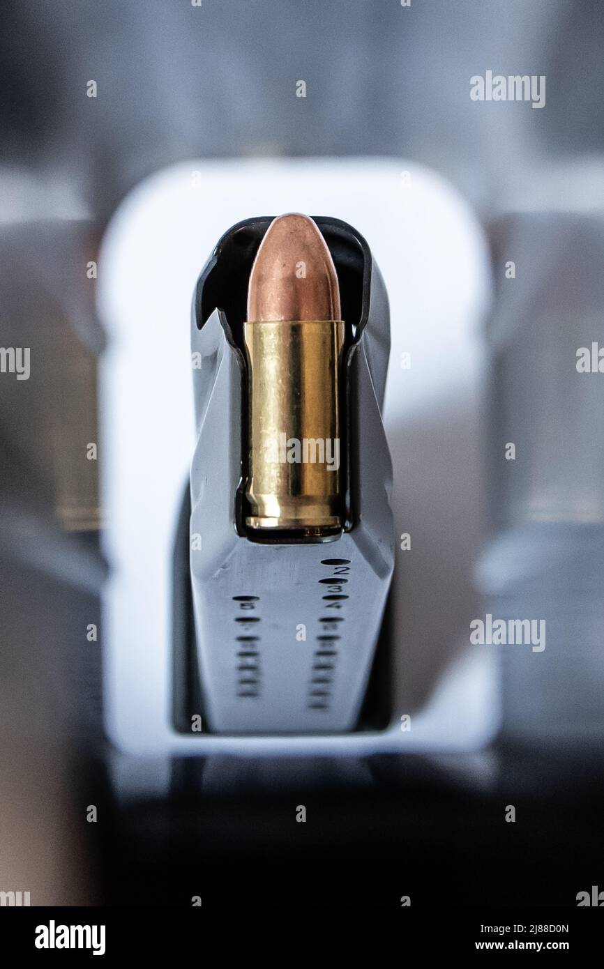 Rottweil, Germany. 13th May, 2022. A 9mm Luger cartridge is stuck in a ...