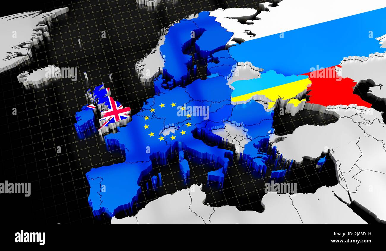 Map and flags of Ukraine, EU, UK and Russia - 3D illustration Stock ...