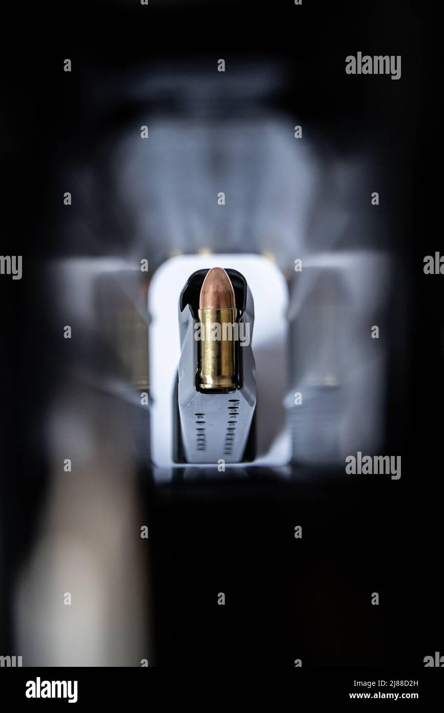 Rottweil, Germany. 13th May, 2022. A 9mm Luger cartridge is stuck in a ...