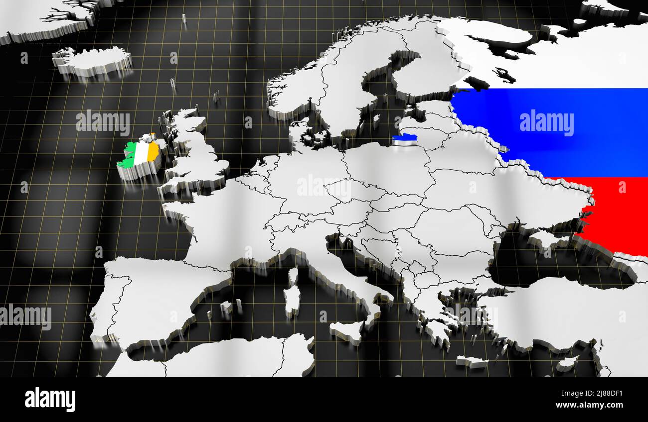 Map of Europe, flags of Ireland and Russia - 3D illustration Stock ...