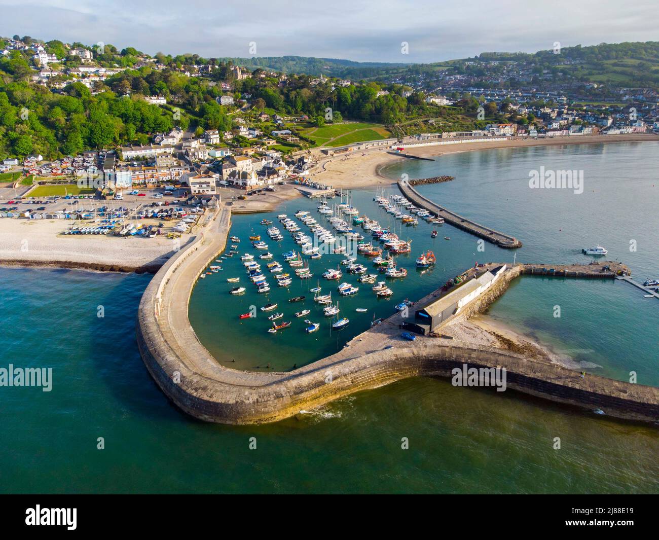 Lyme Regis, Dorset, UK. 14th May 2022. UK Weather. View from the air of ...